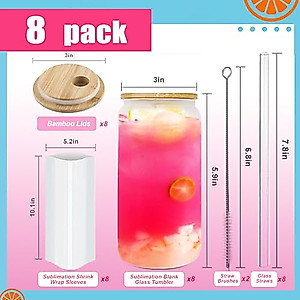 Kocdam 8 pack Sublimation Glass Cups with Bamboo Lid, 16oz Frosted Glass Cups with Lids and Straws, Sublimation Glass Blanks, Borosilicate Glasses for Beer, Juice, Soda, Iced Coffee, Drinks