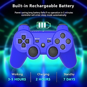 Rzzhgzq 2 Pack PS3 Wireless Controller Playstation 3 Controller Wireless Bluetooth Gamepad with USB Charger Cable for PS3 Console (Black+Blue)