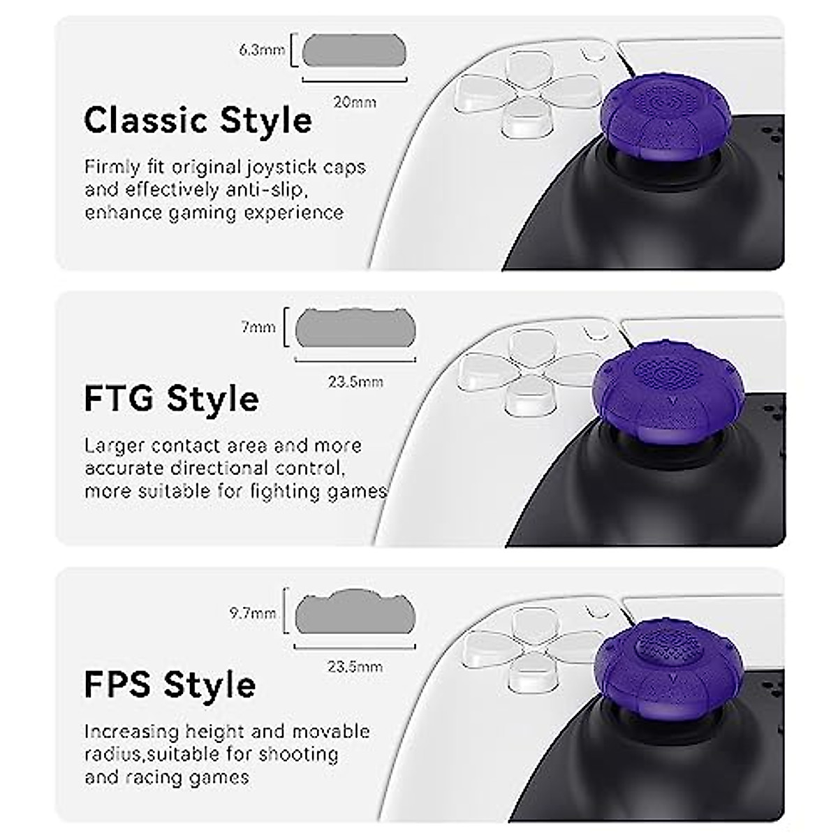 GeekShare Thumb Grip Caps for Playstation 5 Controller, Thumbsticks Cover Set Compatible with Switch Pro Controller and PS4 PS5 Controller, 3 Pairs / 6 Pcs (Purple)