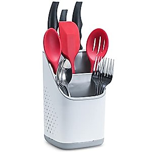 Cheer Collection Kitchen Utensil Organizer and Drainer, Cutlery Holder and Strainer with 3 Divided Compartments, Sink Flatware Caddy Countertop Organizer, Dishwasher Safe, White