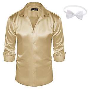 PJ PAUL JONES Men's Gold Silk Satin Dress Shirts Button Down Shiny Date Night Prom Wedding Shirt with Bow Tie M