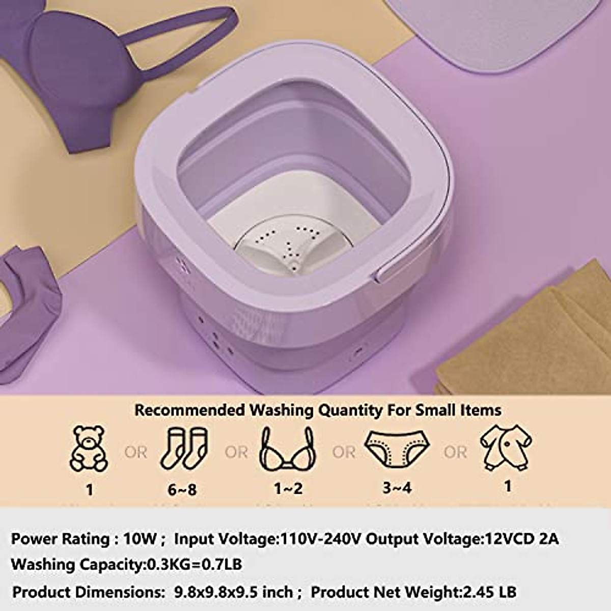 XZ-SMART Foldable Mini Small Portable Washer Washing Machine for Apartment, Laundry, Camping, RV, Travel, Underwear, Socks, Baby clothes (110V-240V) (PURPLE)