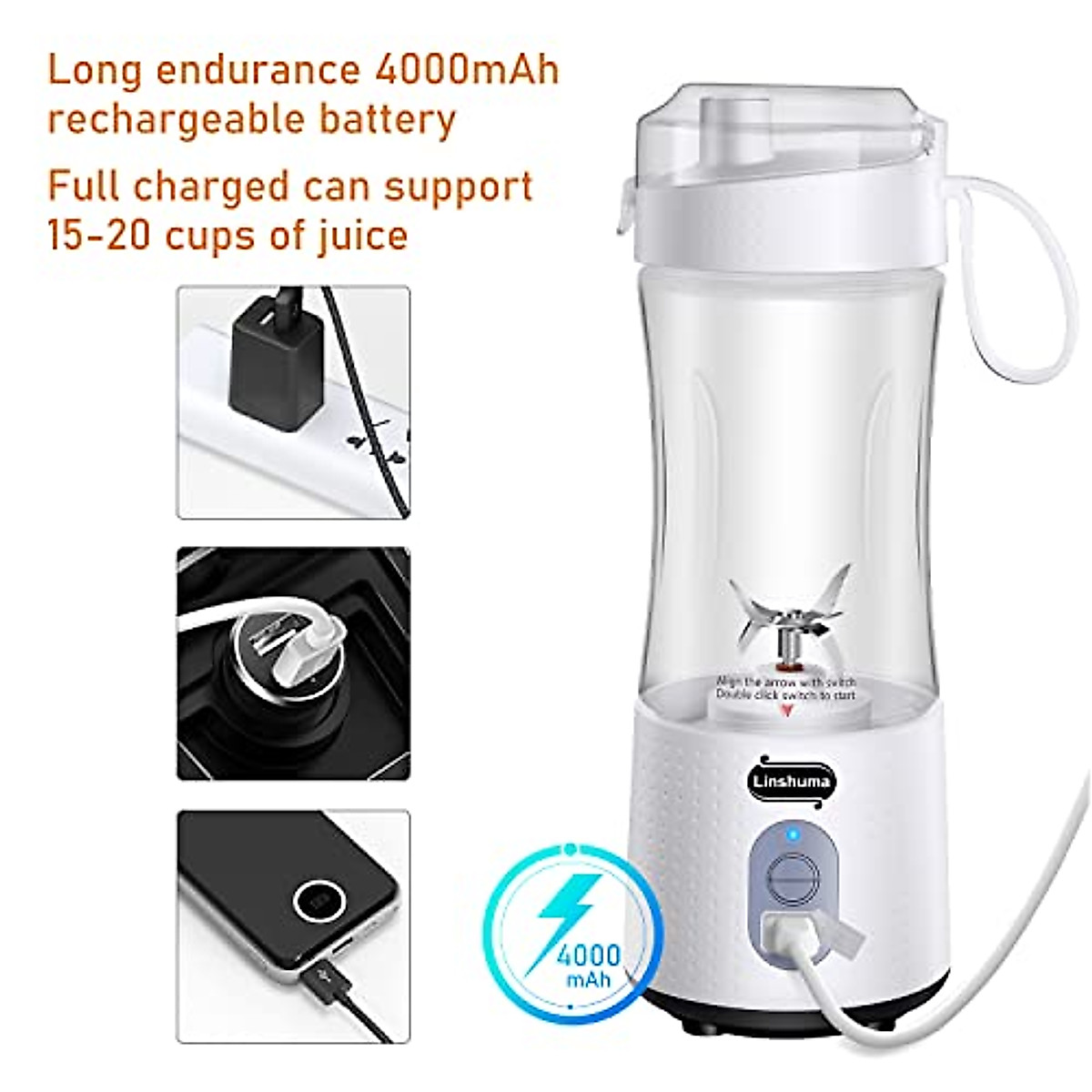 Personal Blender, Portable Blender USB Rechargeable, Linshuma Mini Blender Cup for Shakes and Smoothies, Fresh Fruit Juice Blender Bottle Electric for Travel Gym Office 6 Blades 380ML White