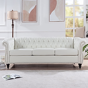 LEVNARY Chesterfield Sofa, Classic Tufted Upholstered Leather Couch, Modern 3 Seater Couch Furniture with Tufted Back for Living Room Office (Cream White)
