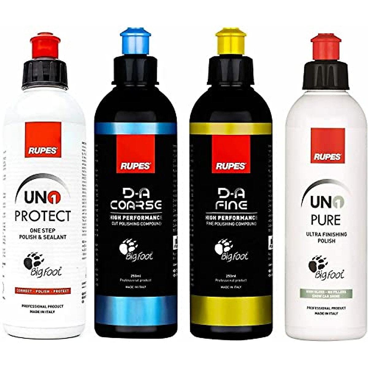 RUPES The Clean Garage New DA System Combo Kit | 4 250ml Bottles | Polish & Compound| Clean Garage Decal Included