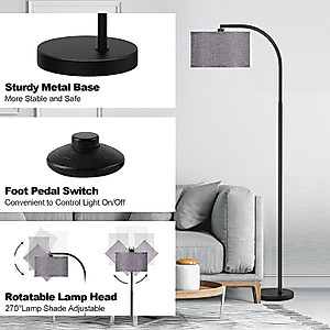 ROTTOGOON Floor Lamp for Living Room, Industrial LED Standing Lamp with 2 Lamp Shades (Grey/White), Classic Tall Reading Pole Lamp with LED Bulb, Modern Adjustable Black Floor Lamp for Bedroom Study