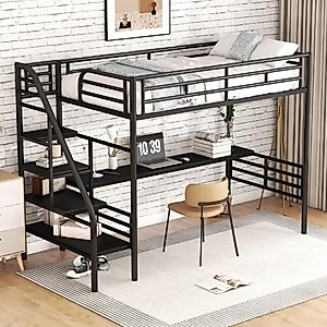 Harper & Bright Designs Metal Twin Loft Bed with Desk, Twin Size Loft Bed with Stairs and Workstation Desk for Kids Teens, Space Saving Metal Loft Bed Frame,No Box Spring Needed, Black
