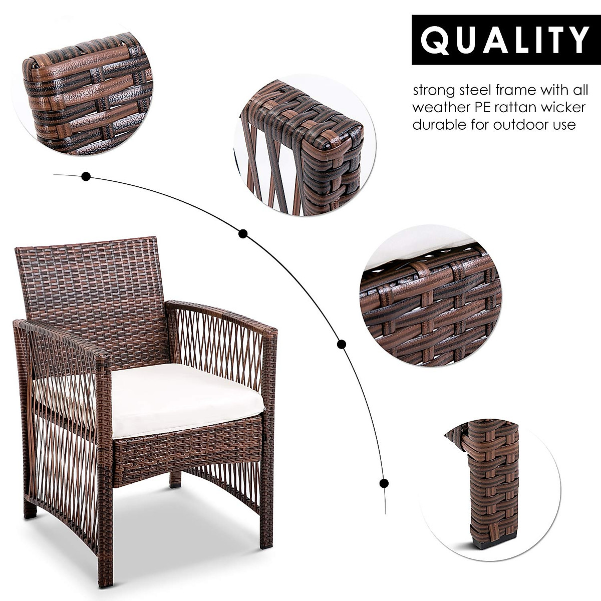 YYAO 4 PCs Outdoor Patio Rattan Furniture Conversation Sets PE Wicker Rattan Sofa Chair Cushioned Seat Furniture Set,Coffee Table with Tempered Glass Tabletop - Brown
