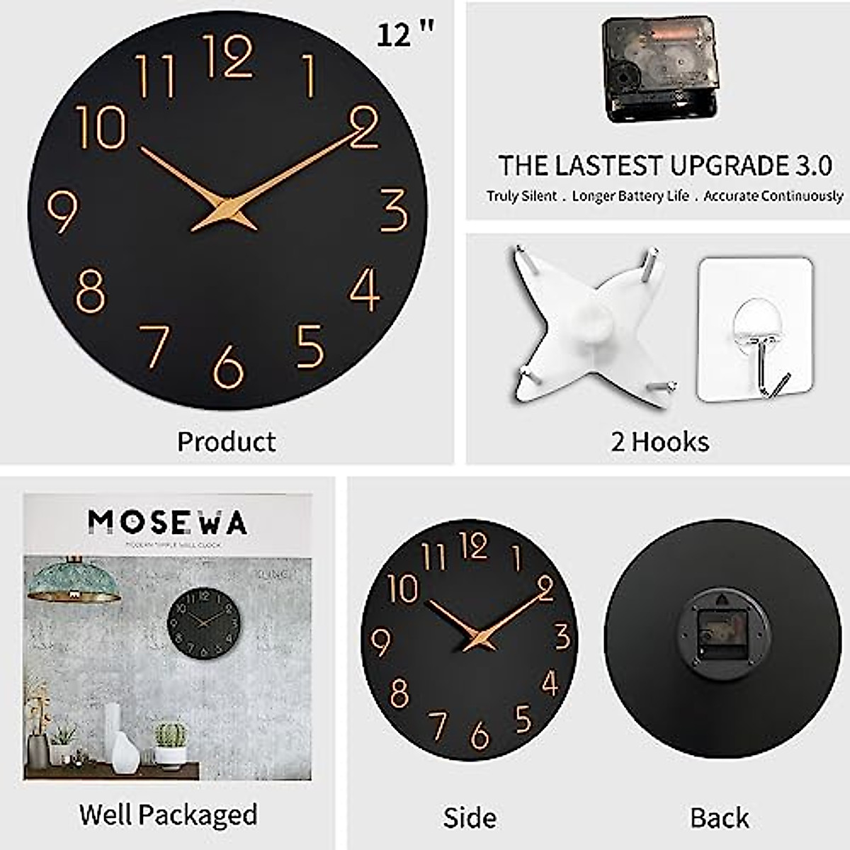 Mosewa 12 Inch Black Wall Clock Battery Operated Silent Non-Ticking - Modern Simple Minimalist Clock Decorative for Kitchen,Bedroom,Home Office,Bathroom,Living Room