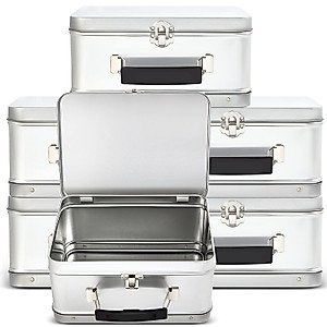 6 Pack DIY Lunch Box Tin Retro Set 8 x 6 x 4 inches with Hinged Lids DIY Large Fun Box for Storage Blank Design Vintage Metal Lunch Box for Kids Sandwich Containers (Silver)