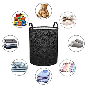 Waterproof Black Goth Gothic Skull Damask Pattern Circular Hamper Round Laundry Baskets Foldable Laundry Bags For Family/Kids/Bathroom/Bedroom/Dorm Medium