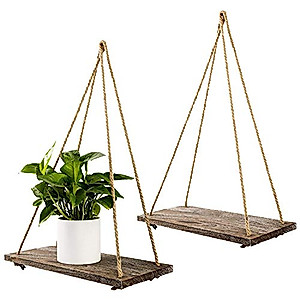 TIMEYARD Decorative Wall Hanging Shelf - Distressed Wood Jute Rope Floating Shelves - Rustic Home Wall Decor - Set of 2