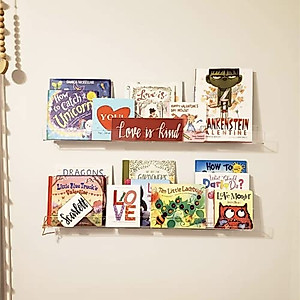 Acrylic Floating Wall Shelves 2 Pack Kids Bookshelf 24 Inch, Wall Mounted Invisible Ledge Shelf, Spice Rack, 4MM Thick Clear Bathroom Storage Shelves Display Organizer Toy Picture with 6 Screws