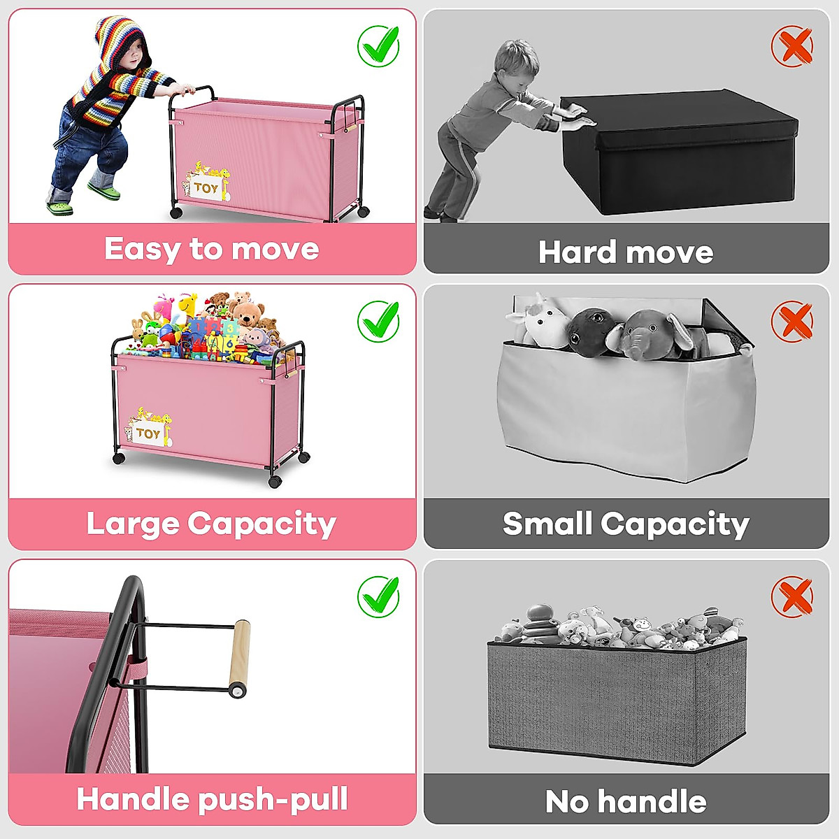 JBBTOOL Toy Box Storage, 180L Extra Large Toy Chest with 360° Wheels, Oxford Cloth Metal Toy Box for Boys, Girls, Stuffed Animals, Clothes, Bedroom, Living Room (Pink)