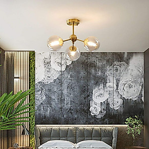 KCO Lighting Glass Globe Sputnik Chandelier 3-Light Brass Gold Close to Ceiling Light Mid Century Flush Mount Ceiling Light for Kitchen Island Bedroom Bathroom (3-Lights)