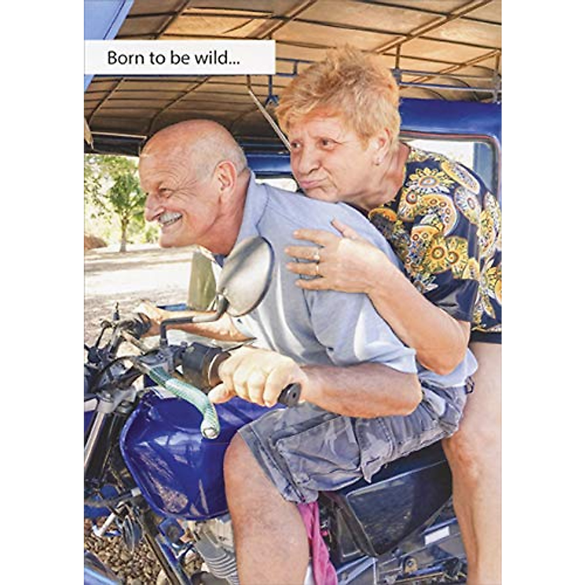 Designer Greetings Old Couple on Blue Motorcycle Funny/Humorous Birthday Card