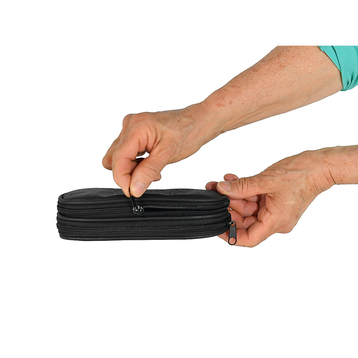 HOME-X Double Eyeglass Holder, Black Leather Pouch with 2 Compartments, Travel Bag, Toiletry Pack, Pencil Case