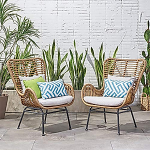 Great Deal Furniture Crystal Outdoor Wicker Club Chairs with Cushions (Set of 2), Light Brown and Beige