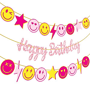 Preppy Birthday Party Banners 3Pcs Preppy Smile Face Birthday Party Decorations Pink Smile Face Lightning Star Themed Party Banners for Preppy Theme Bachelorette Birthday Party Supplies