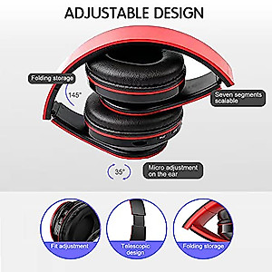 TPSKY Bluetooth Headphones Over Ear Headphones with Deep Bass LED Foldable Stereo Headphones for Smart Phone/TV/PC (Red/Black)