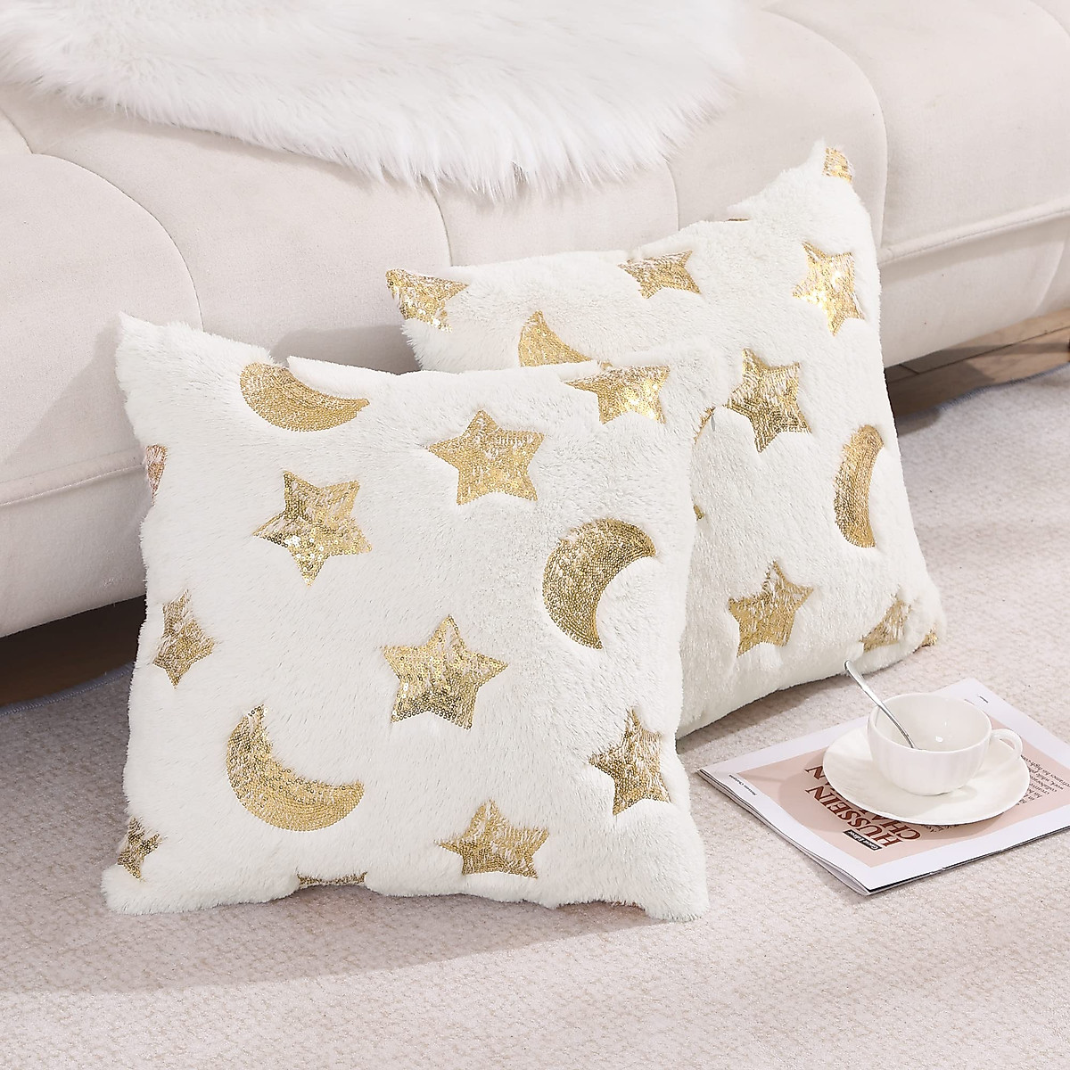 Holibeat White Moon Star Sequins Pillow Covers Fur Cushion Covers 18x18 inch Sequins DecorationThrow Pillow Cases (pack of 2)