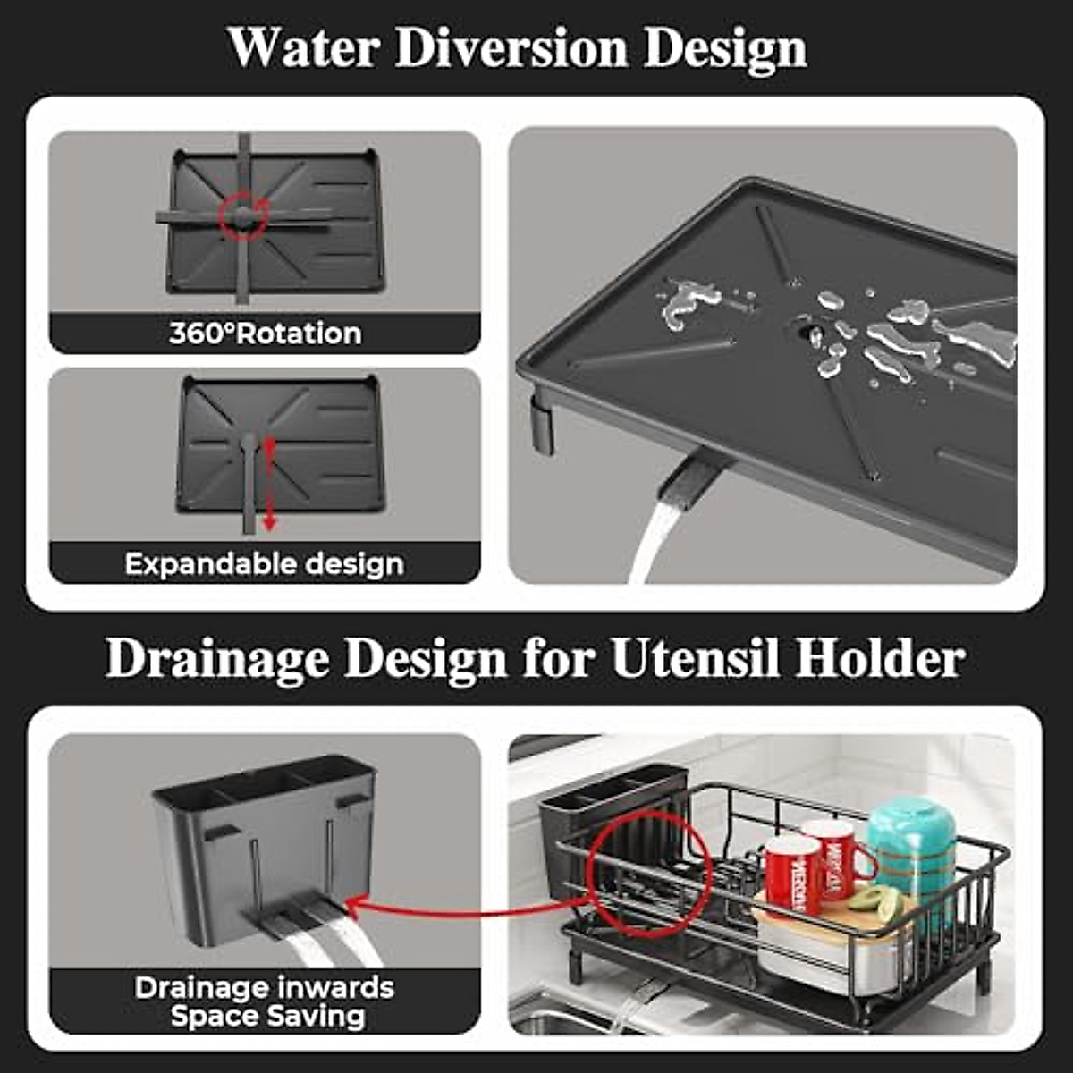 Famhap Small Dish Drying Rack, Dish Rack with Drainboard Dish Drainers for Kitchen Counter Sink Adjustable Spout, in Sink Dish Strainers with Utensil Holder and Knife Slots, Black