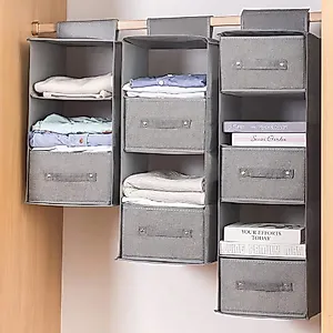 Hanging Closet Organizer with Drawer,Easy Mount Foldable 3-Shelf Closet Hanging Storage Shelves for Clothes Handbag Shoes Accessories Storage,Space Saver,Gray