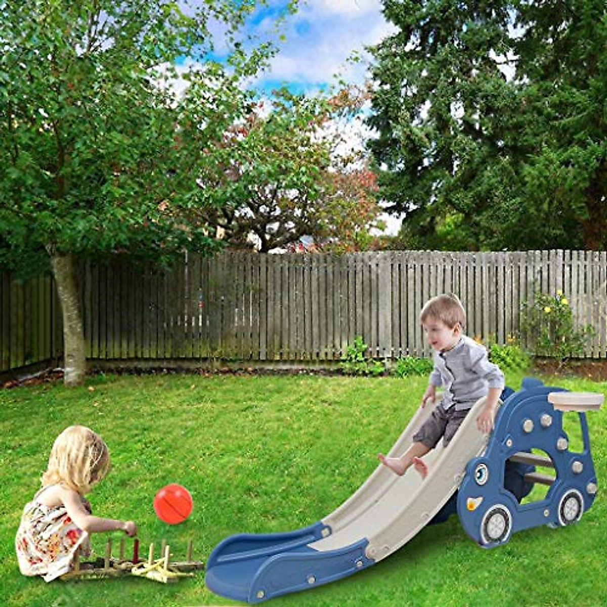 Children's Toys 4 in 1Slide for Kids, Toddler Playground Slipping Slide Climber, Extra Long Slide Slope with Basketball Hoop for Indoor Outdoor Backyard Use (Blue Car) (Blue, One Size)