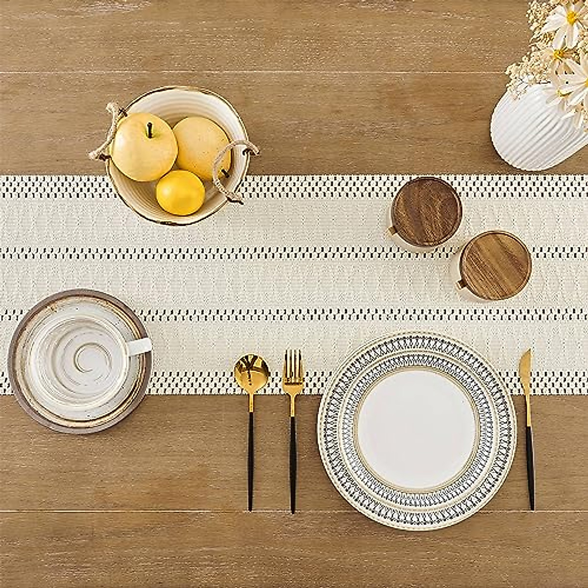 ZeeMart Macrame Style Boho Table Runner, Ivory Table Runners 72 Inches Long, Farmhouse Woven Home Decor, 12x72 Inch, Ivory