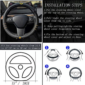 Car Leather Steering Wheel Cover with Cute Diamond Cat Ears,Bling Interior Accessories for Girls&Women'(14.5''-15'', Black)