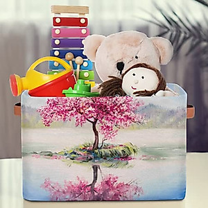 Oil Painting Of Cherry Trees Storage Basket, Collapsible Canvas Fabric Storage Toys Bin Shelves Decor Laundry Organizer with Leather Handles for Closet Shelf Nursery Bedroom 15x11x9.5 In