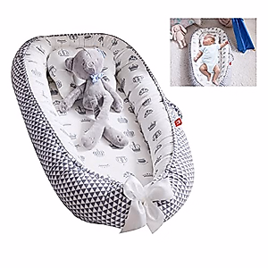 Vohunt Baby Lounger for Newborn,100% Cotton Co-Sleeper for Baby in Bed with Handles,Soft Newborn Lounger Adjustable Size & Strong Zipper Lengthen Space to 3 Tears Old(Triangular Crown)