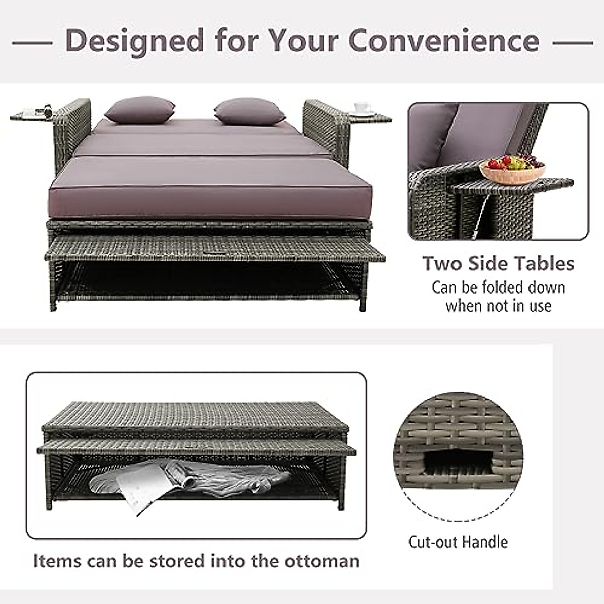 Tangkula Patio Rattan Daybed Set, Wicker Loveseat Sofa w/Multipurpose Ottoman & Retractable Side Tray, 4-Level Adjustable Backrest, Footstool w/Storage, Seat & Back Cushion Included (Gray)