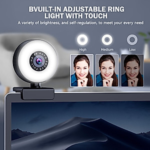 Cnkaite 4K Webcam, HD Autofocus Webcam with Microphone, Adjustable Light Computer Camera with Privacy Cover and Tripod Stand, Plug and Play USB Webcam for Laptop Desktop Video Calling