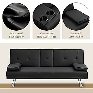 Antetek Futon Sofa Bed, Modern Convertible Upholstered Faux Leather Loveseat Sleeper Sofa Couch w/7 Adjustable Positions, Cup Holder for Living Room, Bedroom, Studio, Office, Black