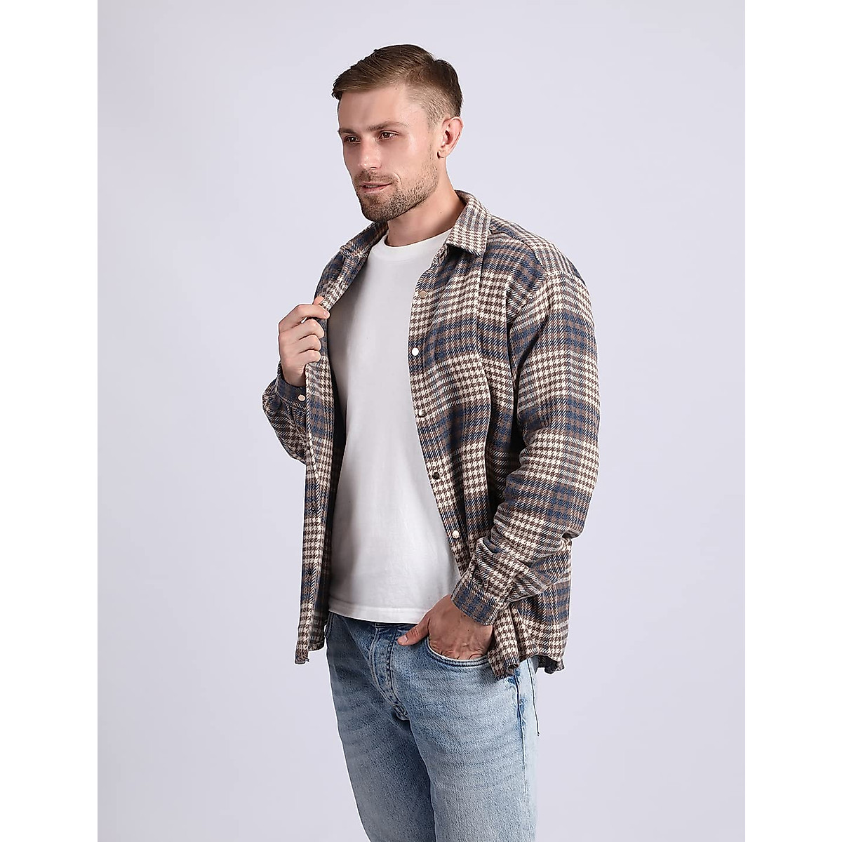 Locachy Men's Casual Cotton Plaid Shirts Long Sleeve Button-Down Flannel Overshirt Jacket Blue Plaid-L