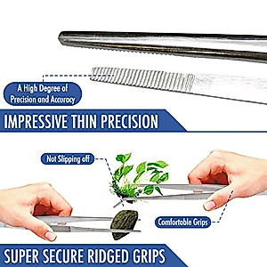 2 Pcs Straight and Curved Tip Tweezers 12 Inch, Stainless Steel Precision Tweezers Set with Serrated Tips Comfortable Ridged Handle, Tweezer Tongs for Cooking Repairing with Essential Tweezer Ebook