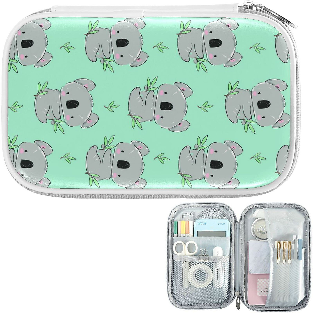 ZZKKO Cute Koala Green Leaves Pencil Bag Case Zipper Pencil Holder Organizer Stationary Pen Bag Cosmetic Makeup Bag Pouch Purse for School Office Supplies