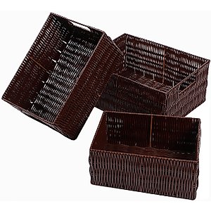 Elevon Handmade Storage Basket Set of 3, Plastic Wicker Baskets for Organizing with Handles, Storage Bins for Home Kitchen Countertop, Shelf Organizer, Waterproof, Coffee