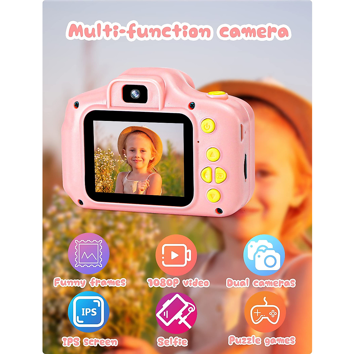 Miiulodi Kids Selfie Camera Children Digital Cameras for Kids Birthday 3-9 Year Old Girls Outdoor Toys Child Video Record for Toddler Age 3 4 5 6 7 8 9 Years Old Girl with 32GB