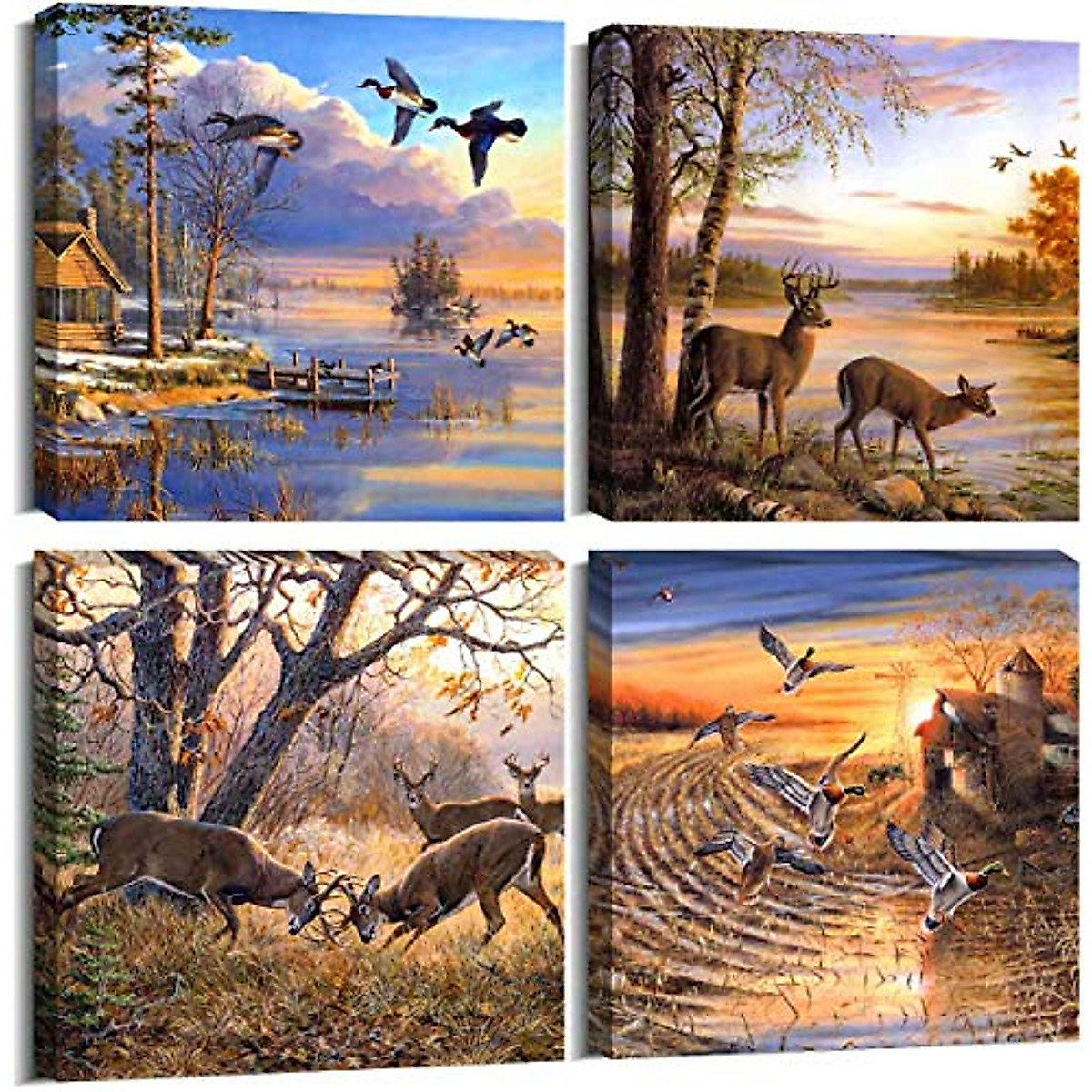 ArtHome520 Yellow Fall Landscape Wild Duck Wall Art Wildlife Canvas Printed Oil Painting Home Decor orange Animal Deer Picture for Living Room Modern Framed 4 Panel (12''x12''x4pcs)