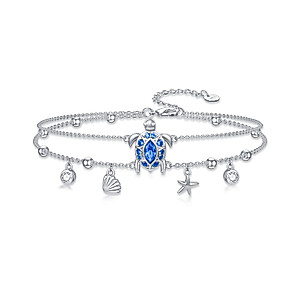 Shusukue Sea Turtle Bracelet 925 Sterling Silver Turtle Layered Bracelet with Shell Starfish Adjustable Crystal Bracelet Ocean Beach Hand Accessory Jewelry for Women 7+2 Inch