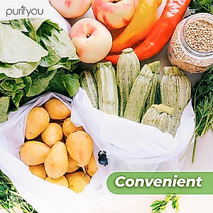 purifyou Reusable Produce Bags | Washable Mesh Set of 9 Grocery with Drawstring, Large Foldable Washable Shopping Bags for Fridge Storage, Freshness, Fruits, Vegetables, Toys, Groceries, Kitchen, Home, Farmers Market, Gift Bags and Travel