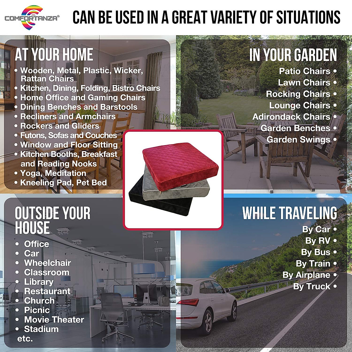 COMFORTANZA Chair Seat Cushion - 16x16x3 Inches Memory Foam Square Thick Non-Slip Chair Pads for Kitchen, Dining, Office Chairs and Car Seats - Comfort and Back Pain Relief - Soft - Blue