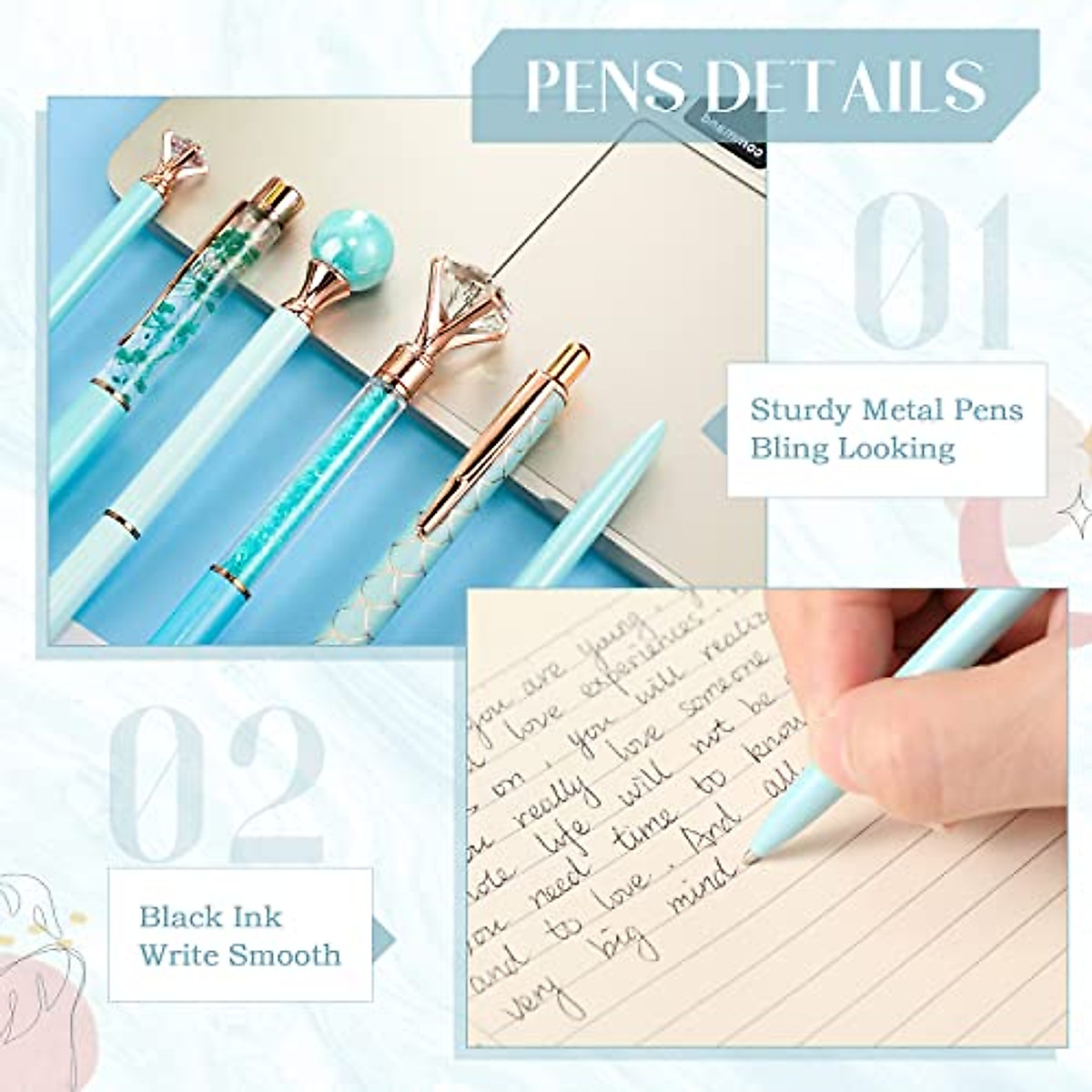 9 Pcs Ballpoint Pens Set Metal Crystal Diamond Pen Liquid Sand Glitter Pen for Journaling Black Ink Pretty Cute Pens Fancy Pens Gifts for Women Girls School Wedding Office Desk Supplies (Blue)