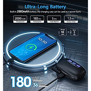 Wireless Earbuds Bluetooth Headphones, 180H Playtime Ear Buds IPX8 Waterproof Bluetooth Earphones, in-Ear Headphones with LED Display Touch Control for Sport/Work (Black)