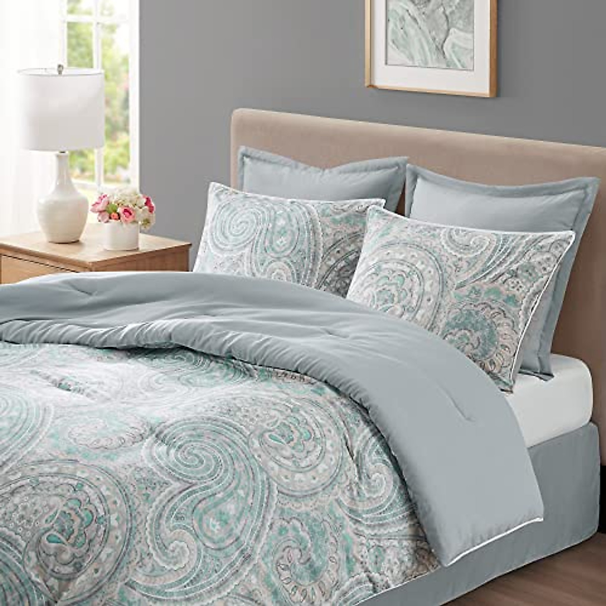 Comfort Spaces Cozy Comforter Set-Modern Classic Design All Season Down Alternative Bedding, Matching Shams, Bedskirt, Decorative Pillows, King, Kashmir Paisley Blue 8 Piece