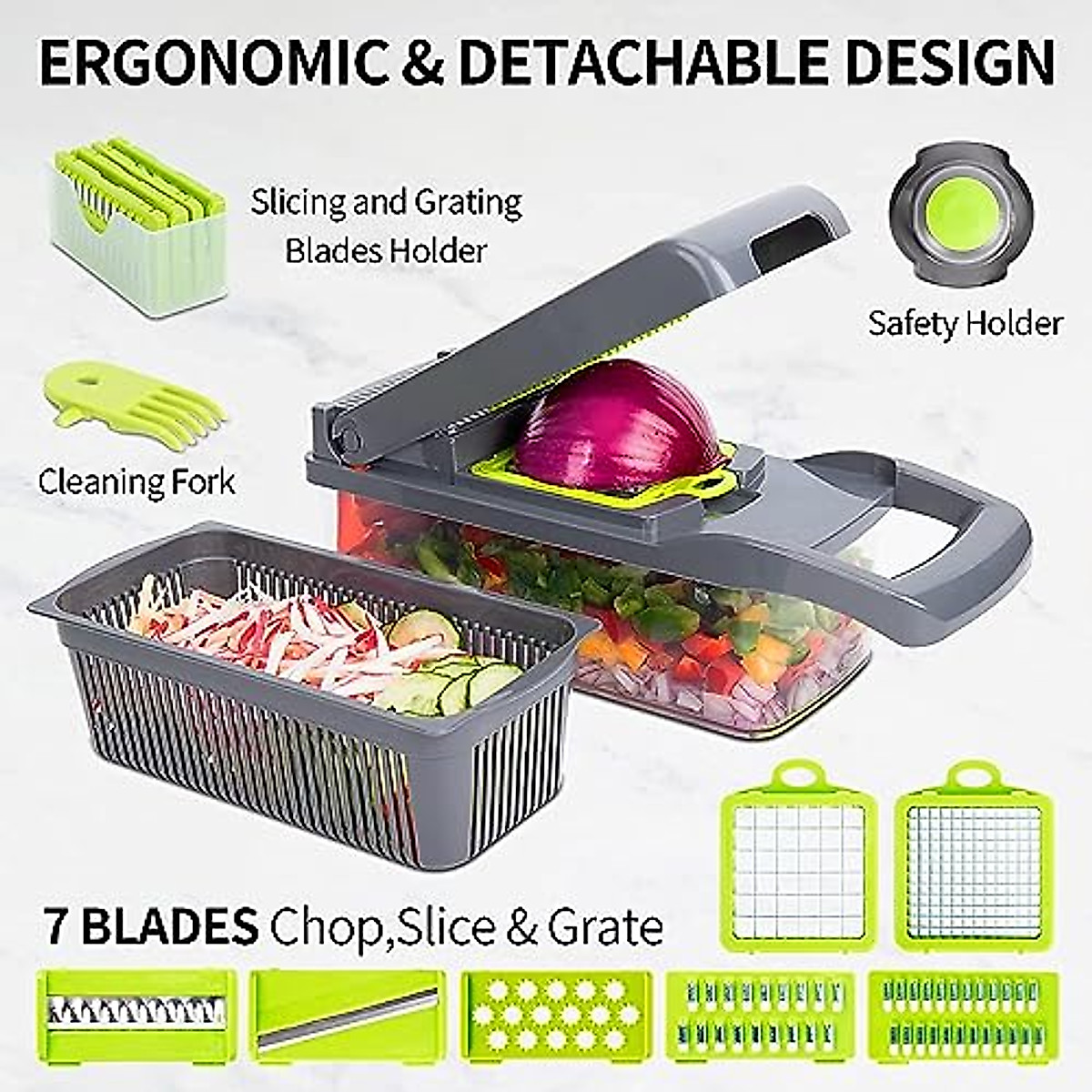 Vegetable Chopper,12-in-1 Multifunctional Veggie Chopper,Grey Kitchen Vegetable Slicer Dicer Cutter,Potato Onion Food Chopper with Vegetable Peeler,Hand Guard and Container