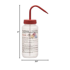 EISCO Wash Bottle for Acetone, 500ml - Labeled with Color Coded Chemical & Safety Information (4 Colors) - Wide Mouth, Self Venting, Low Density Polyethylene Labs