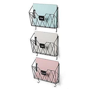 CADUKE Hanging File Organizer Wall Mail Hold 3 Pockets File Wall Organizer with Tag Slot Metal Mesh Folder Wall File Holder with Hooks Mail Paper Organizer Wall Magazine Rack for Office Home, Black